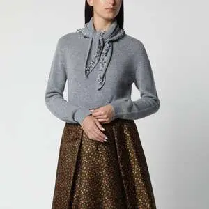 Prada Cashmere Sweater With Jeweled Scarf - Grey