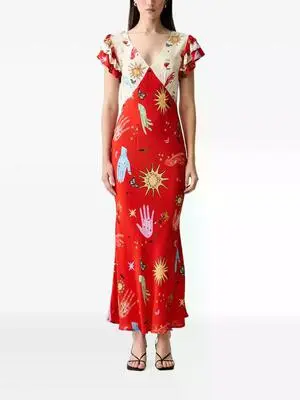NEVER FULLY DRESSED Graphic-print Ruffled-sleeve Maxi Dress - Red