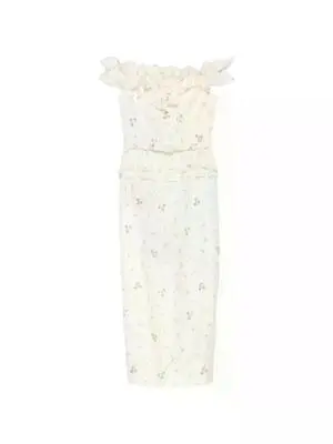Alessandra Rich Floral Print Silk Ruffled Dress - Neutrals