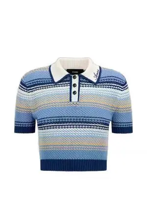 Amiri Striped Crochet Knit Cropped Polo Shirt - Blue