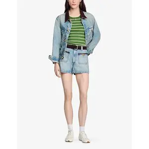 Sandro Leather-trim Faded Denim Shorts