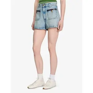 Sandro Leather-trim Faded Denim Shorts