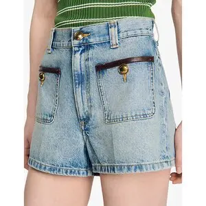 Sandro Leather-trim Faded Denim Shorts