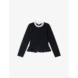 Sandro Victorian-collar Frill-hem Stretch-knit Cardigan