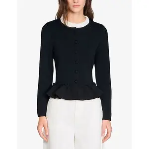 Sandro Victorian-collar Frill-hem Stretch-knit Cardigan