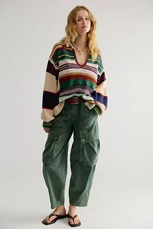 Free People Striped Collared Knit Pullover