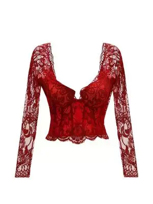 GEMY MAALOUF Lace-embroidered V-neck Top - Red