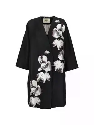 Fendi V-neck Floral-print Coat - Black