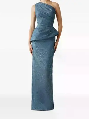 Rickie Freeman For Teri Jon Metallic-jacquard Peplum Gown - Blue