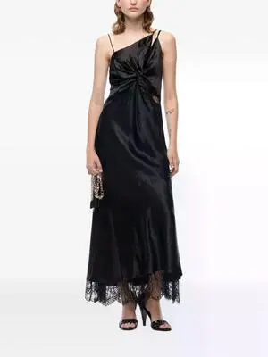 Pinko Long Satin Asymmetrical Neck Dress With Lace Trim