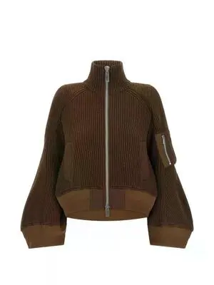 Sacai Ribbed-knit High-neck Jacket - Brown