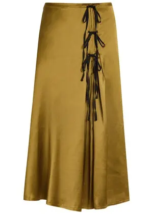 GANNI Bow-embellished Satin Midi Skirt - Olive
