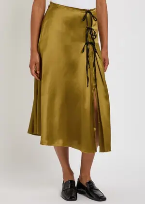 GANNI Bow-embellished Satin Midi Skirt - Olive