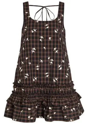 GANNI Checked Floral-embroidered Cotton-poplin Mini Dress