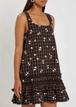 GANNI Checked Floral-embroidered Cotton-poplin Mini Dress