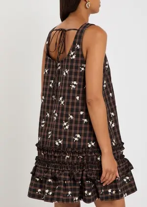 GANNI Checked Floral-embroidered Cotton-poplin Mini Dress