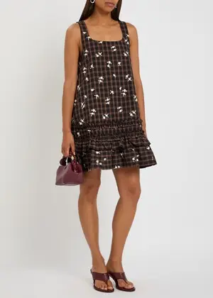 GANNI Checked Floral-embroidered Cotton-poplin Mini Dress
