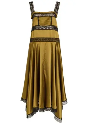 GANNI Lace-trim Satin Midi Slip Dress - Olive