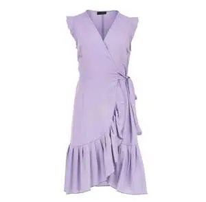 CONQUISTA Lavender Wrap Dress With Ruffle Detail – Poplin Cotton Blend - Purple
