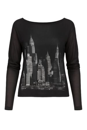 CONQUISTA Low Back Sheer Print Top - Black