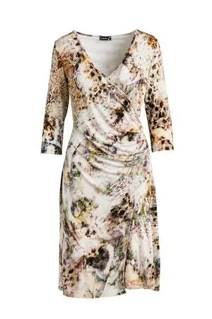 CONQUISTA Print Jersey Faux Wrap Dress In Beige - Brown