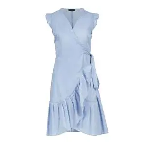 CONQUISTA Sky Sleeveless Ruffled Wrap Dress In Cotton Poplin - Blue