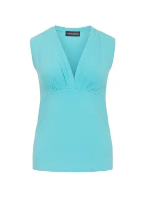 CONQUISTA Aqua Sleeveless V-neck Jersey Top – Stretch Cotton-blend Fabric - Blue