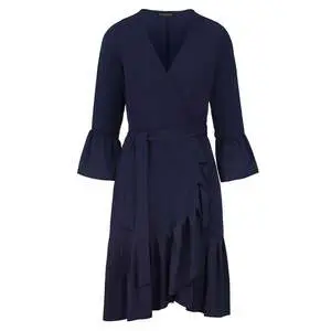 CONQUISTA Navy Wrap Dress Viscose With Bell Sleeves - Blue