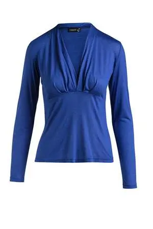 CONQUISTA Cashmere Blend Long Sleeve Faux Wrap Top In Stretch Jersey Sustainable Fabric - Blue