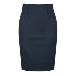 CONQUISTA Classic Navy Pencil Midi Skirt – Subtle Pinstripe, Elastic Fabric, Back Slit - Blue