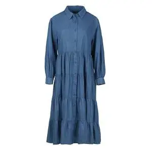 CONQUISTA Cotton Denim Long Sleeve Tiered Dress With Buttons - Blue