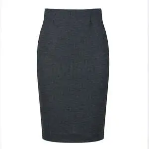 CONQUISTA Charcoal Ribbed Pencil Midi Skirt – Subtle Stripe, Elastic Fit, Back Slit - Grey