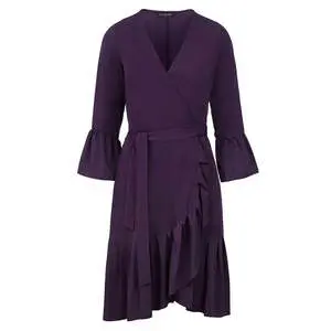 CONQUISTA Viscose Wrap Dress With Bell Sleeves And Ruffle Hem - Blue