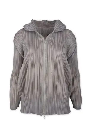 WILD COSMOS Vanessa Plissé Satin Zip-up Hooded Jacket - Grey