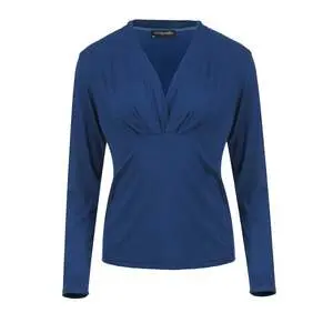 CONQUISTA Long Sleeve Faux Wrap Top In Stretch Jersey Sustainable Fabric - Blue