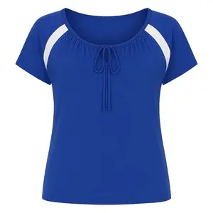 CONQUISTA Contrast Panel Tie-detail Top With Short Sleeves - Blue