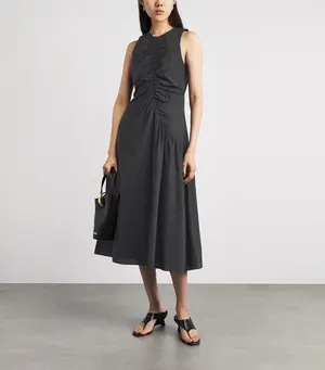 Theory Cotton Ruched Asymmetric Midi Dress - Black