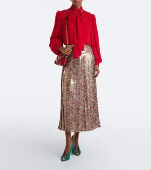 Valentino Garavani Floral Pleated Silk-blend Lame Midi Skirt - Multicoloured