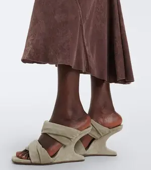 Rick Owens Twisted Cantilever Suede Wedge Mules - Grey