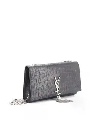 Saint Laurent Monogram Tassel Crocodile Embossed Leather Crossbody Bag - Black