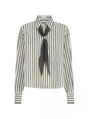 Brunello Cucinelli Striped Silk Poplin Shirt With Virgin Wool Foulard - White