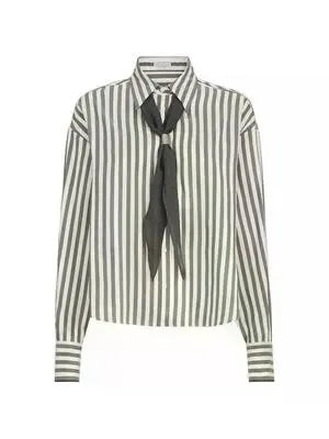 Brunello Cucinelli Striped Silk Poplin Shirt With Virgin Wool Foulard - White