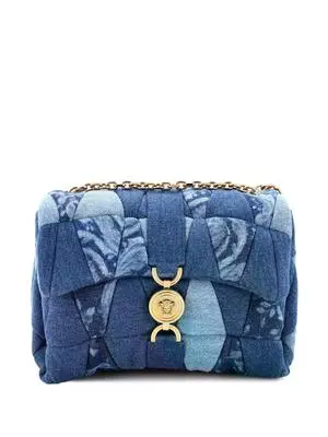 Versace Medusa Chain Flap Patchwork Denim Shoulder Bag - Blue