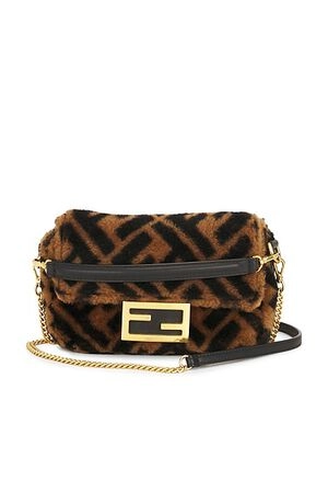 Fendi Shearling Vitello Dolce Macro Ff 1974 Mini Baguette Shoulder Bag - Brown