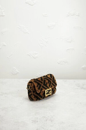 Fendi Shearling Vitello Dolce Macro Ff 1974 Mini Baguette Shoulder Bag