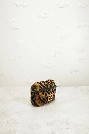 Fendi Shearling Vitello Dolce Macro Ff 1974 Mini Baguette Shoulder Bag