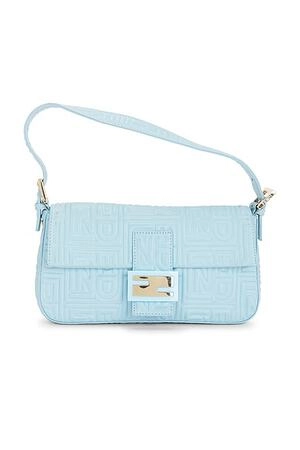 Fendi Logo Embossed Baguette Shoulder Bag - Blue