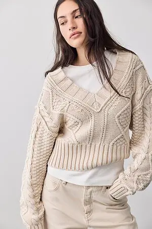 We The Free Addison V-neck Cable Knit Cotton Sweater