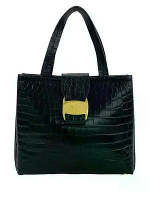FERRAGAMO 2010-2026 Croc Embossed Leather Vara Bow Satchel - Black