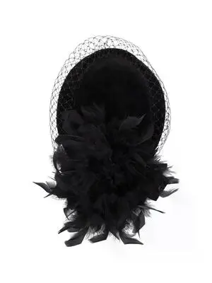 Vintage Feather Embellished Veiled Hat - Black